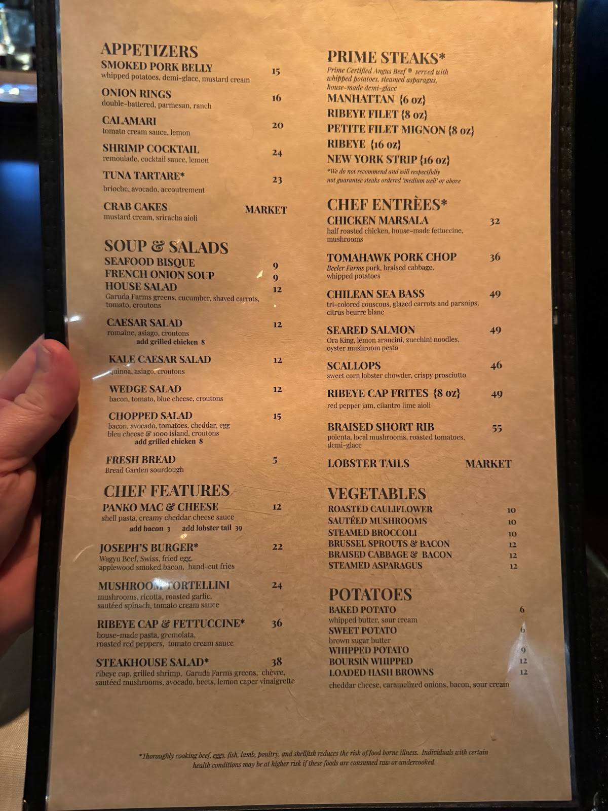 Menu at Joseph's Steakhouse, Iowa City
