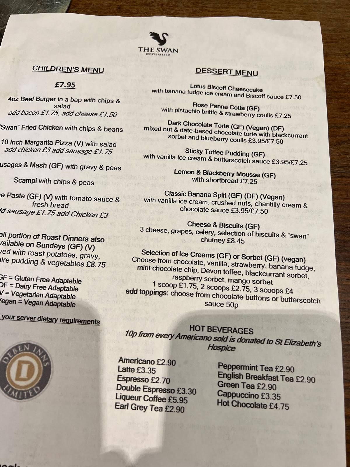 Menu at The Swan pub & bar, Ipswich, Westerfield Rd