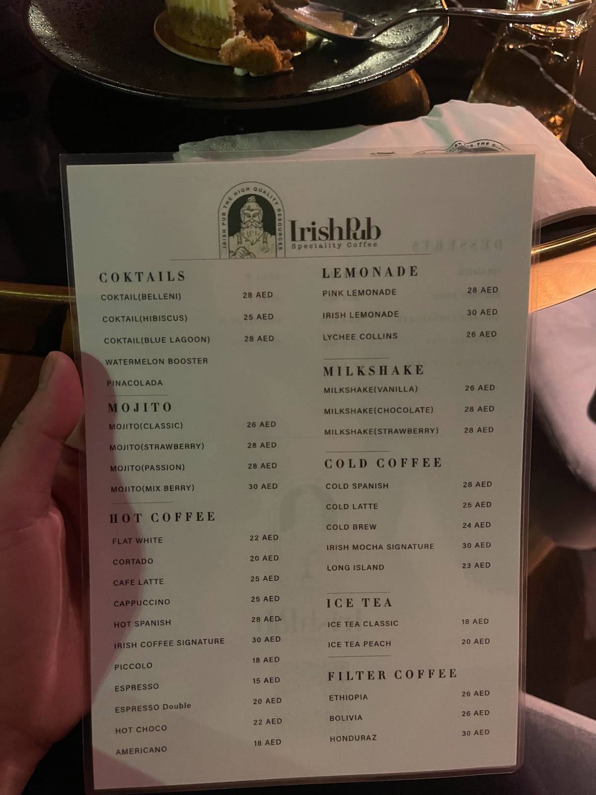 Carta de Irish Pub Cafe, Abu Dabi