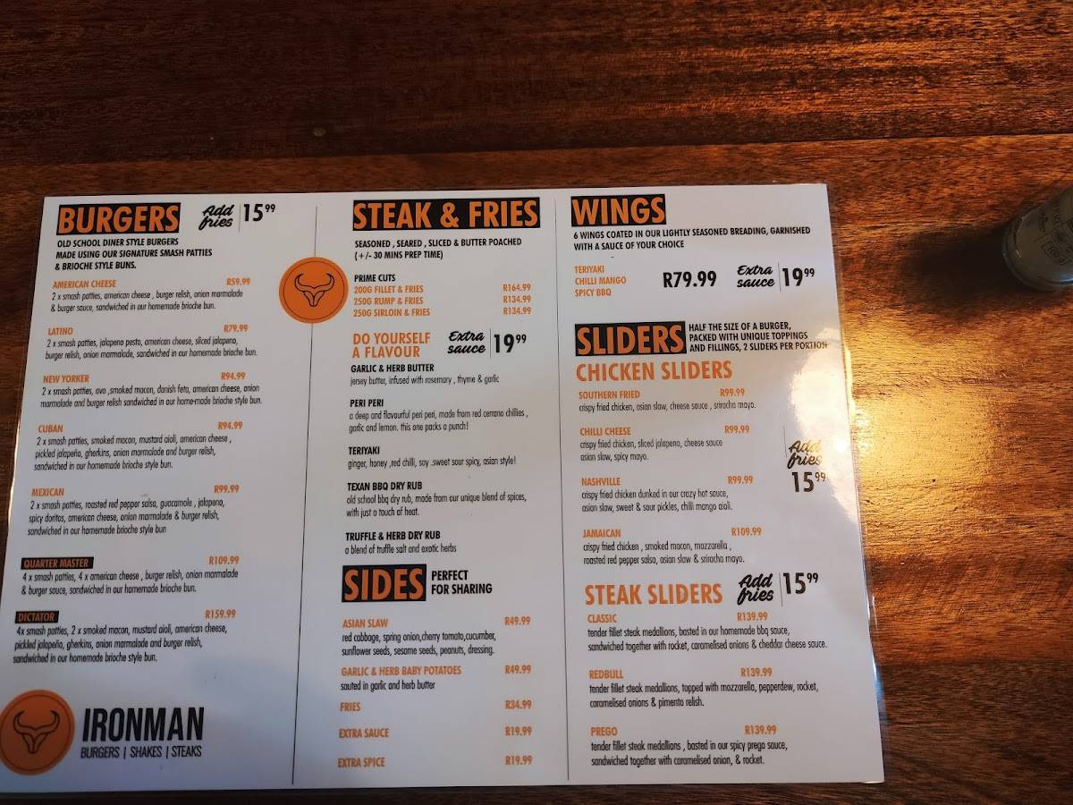 Menu at IRONMAN BURGERS l SHAKES I STEAKS restaurant, Durban