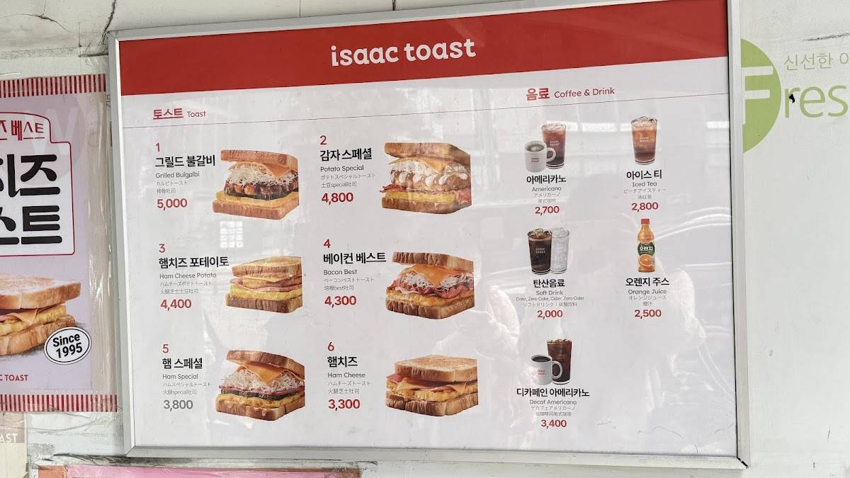Menu at Isaac Toast & Coffee Myeongdong restaurant, Seoul, 105 Toegye-ro