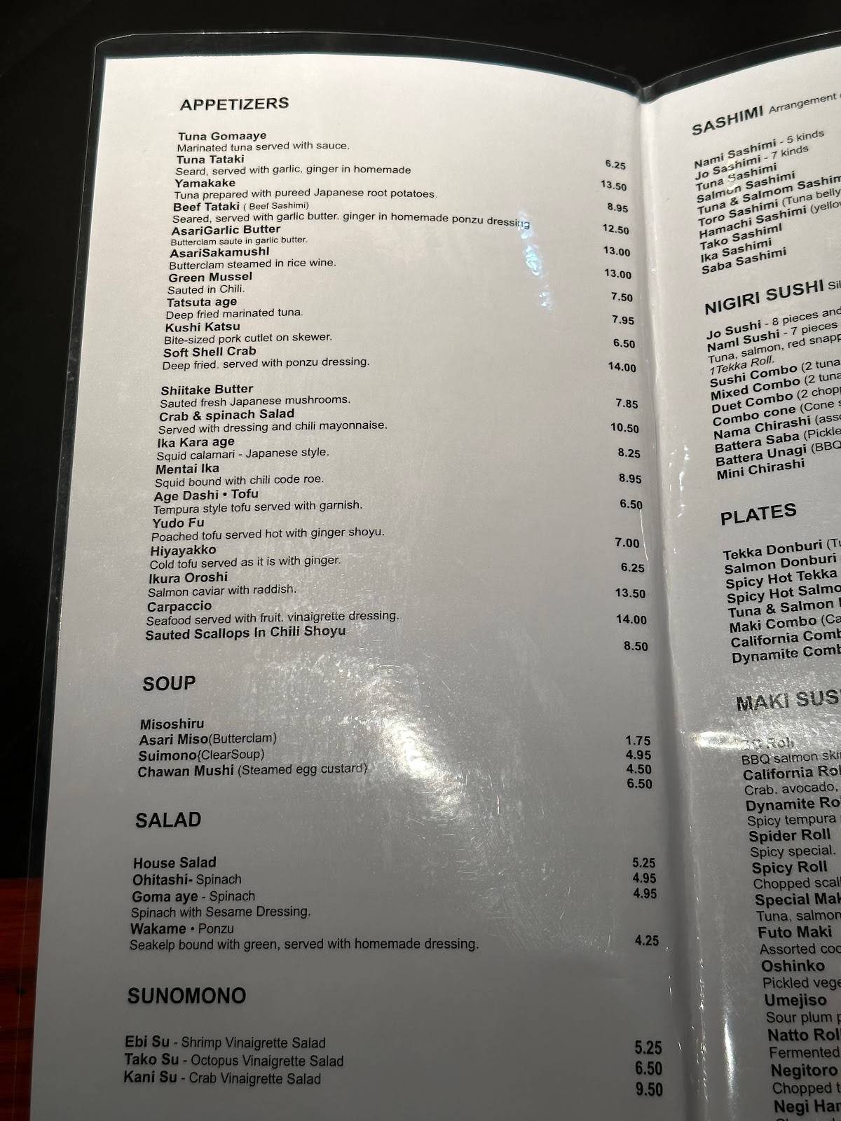 Menu at Isami Sushi restaurant, Burnaby