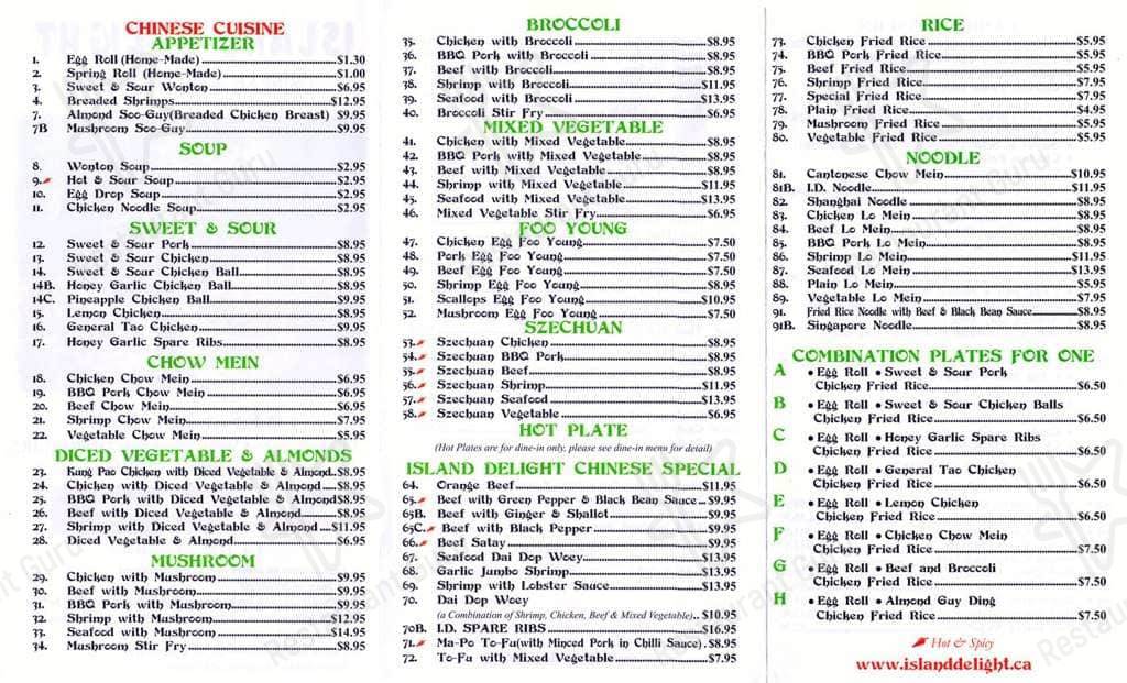 Menu at Island Delight restaurant, Brockville