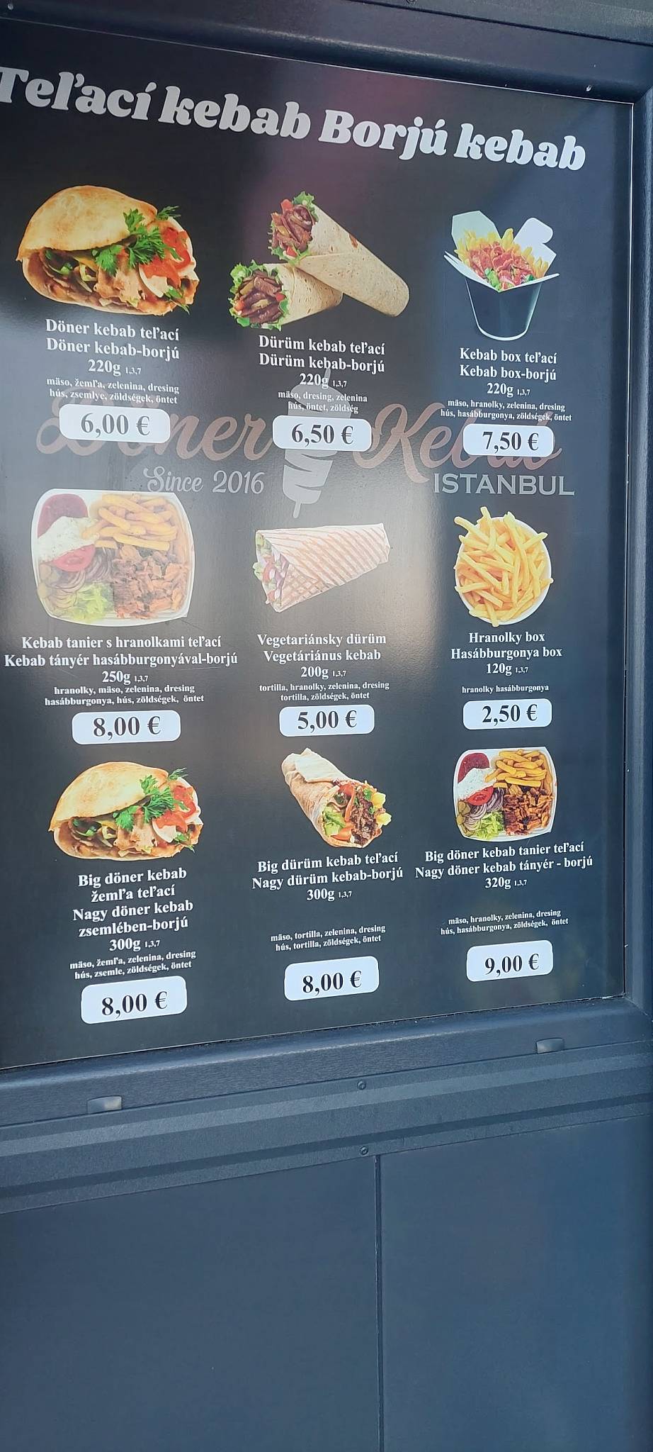 Menu at Istanbul Kebab restaurant, Veľký Meder