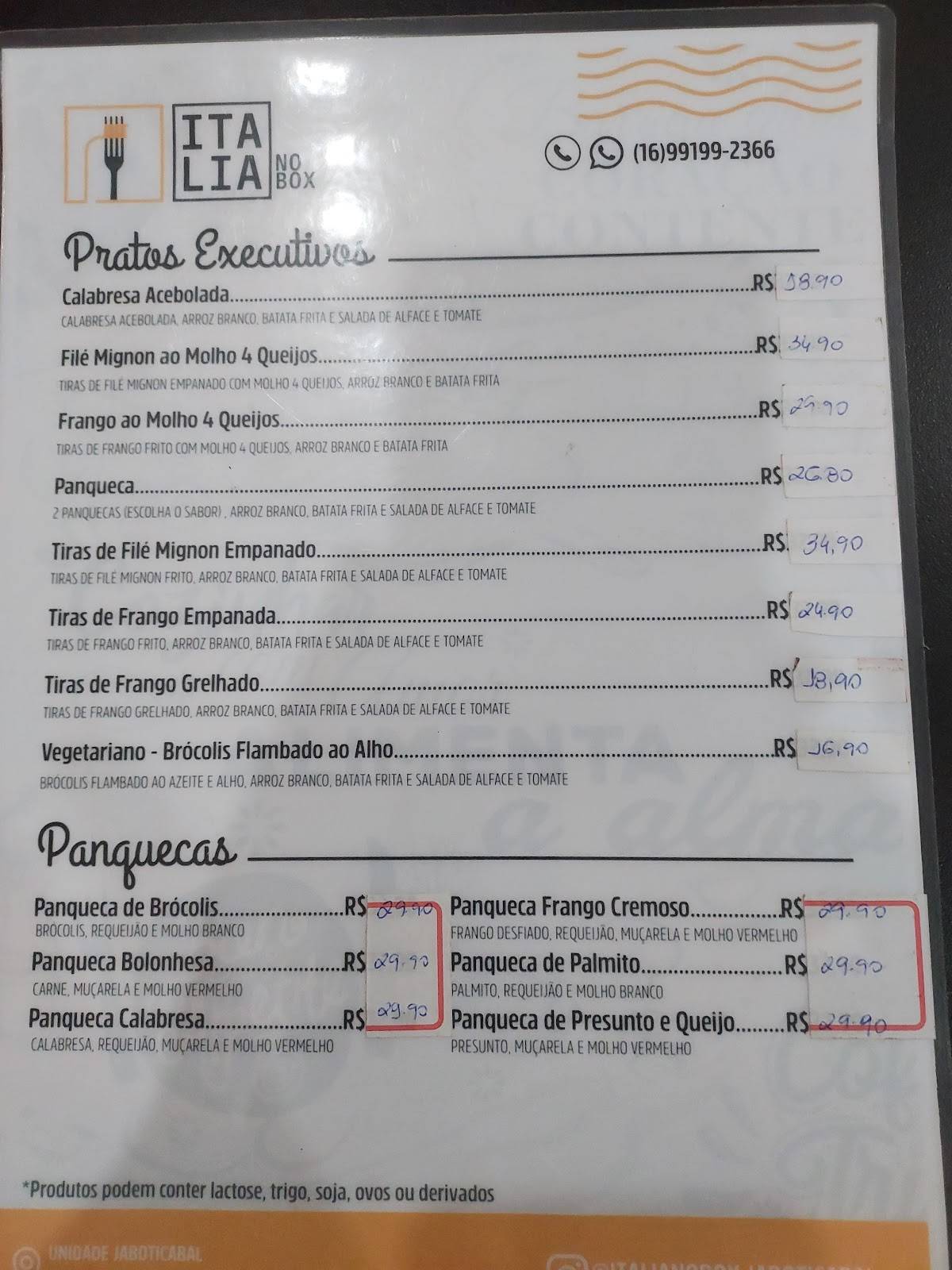 Menu em Itália No Box restaurante, Jaboticabal