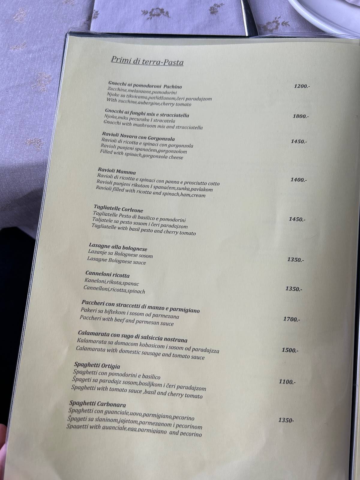 Menu at Italiano Ristorante Da Pippo restaurant, Belgrade