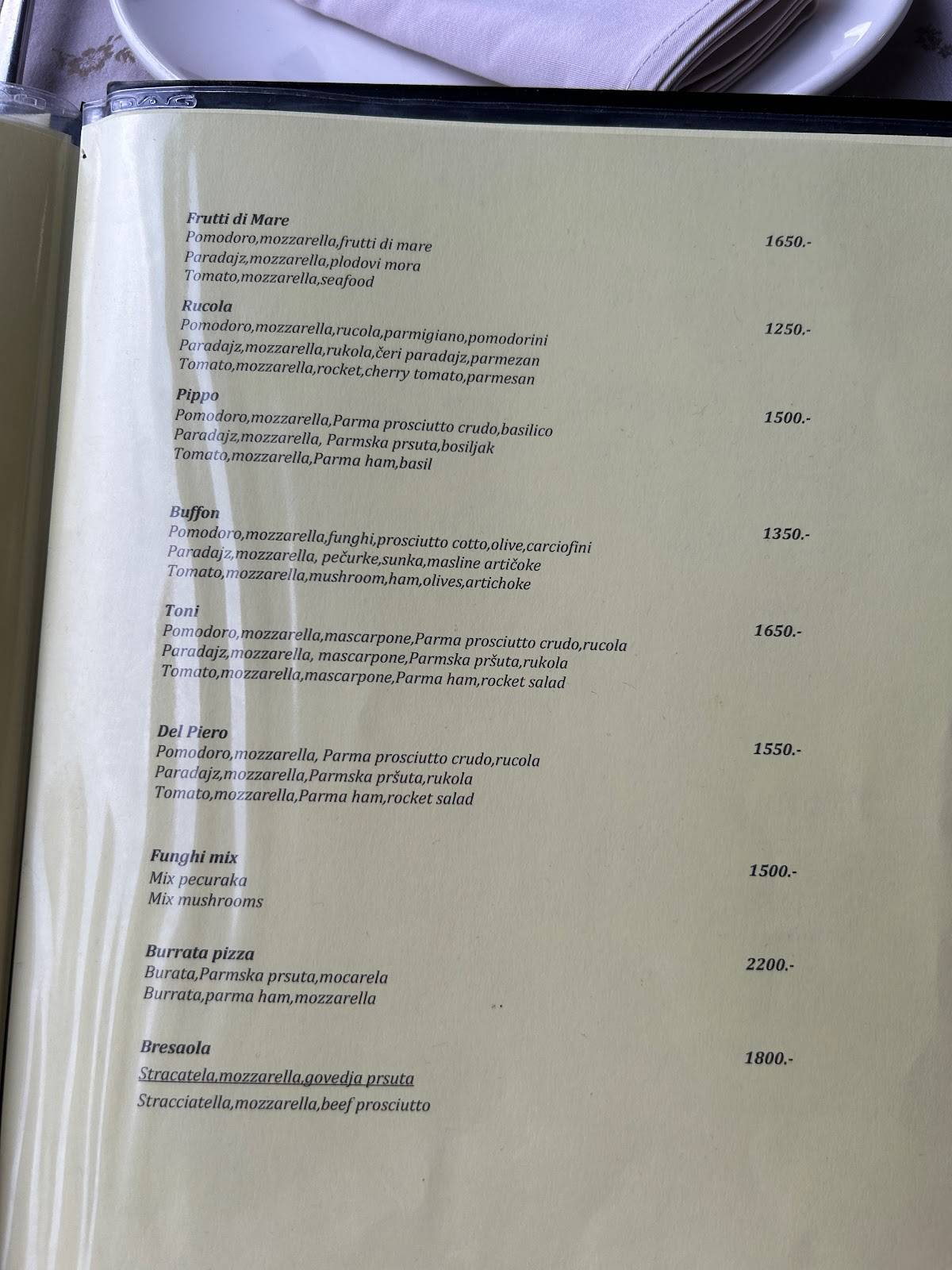 Menu at Italiano Ristorante Da Pippo restaurant, Belgrade