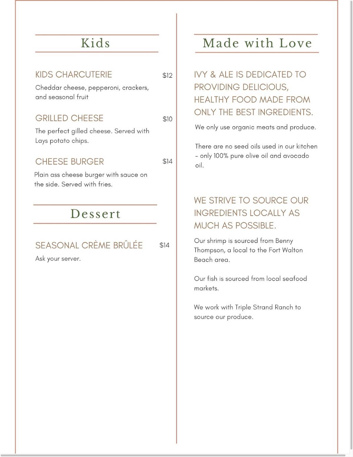 Menu at Ivy and Ale pub & bar, Fort Walton Beach