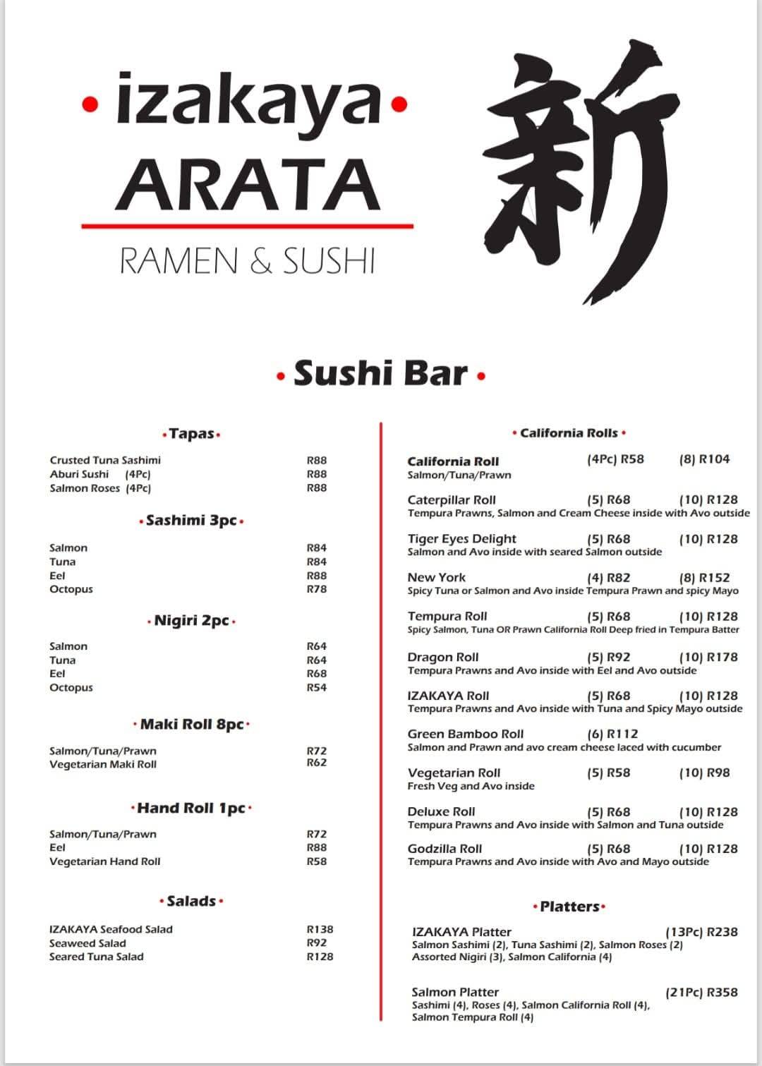Menu at Izakaya Arata restaurant, Port Elizabeth, 15 Stanley St