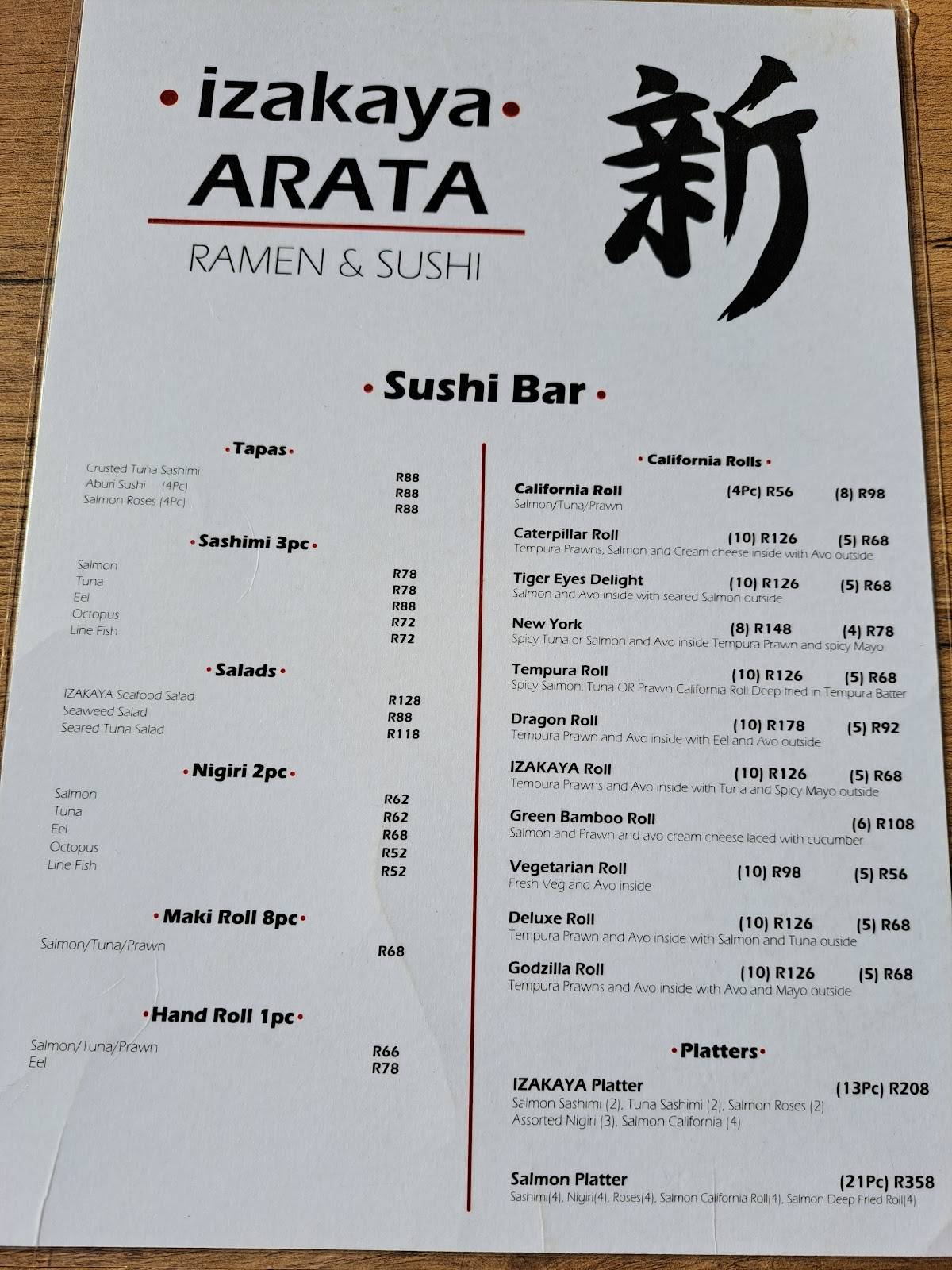Menu at Izakaya Arata restaurant, Port Elizabeth, 15 Stanley St