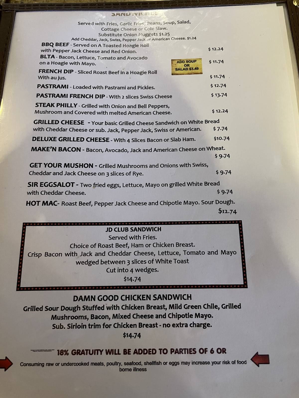 Menu at J D Slinger's Steakhouse, Fallon