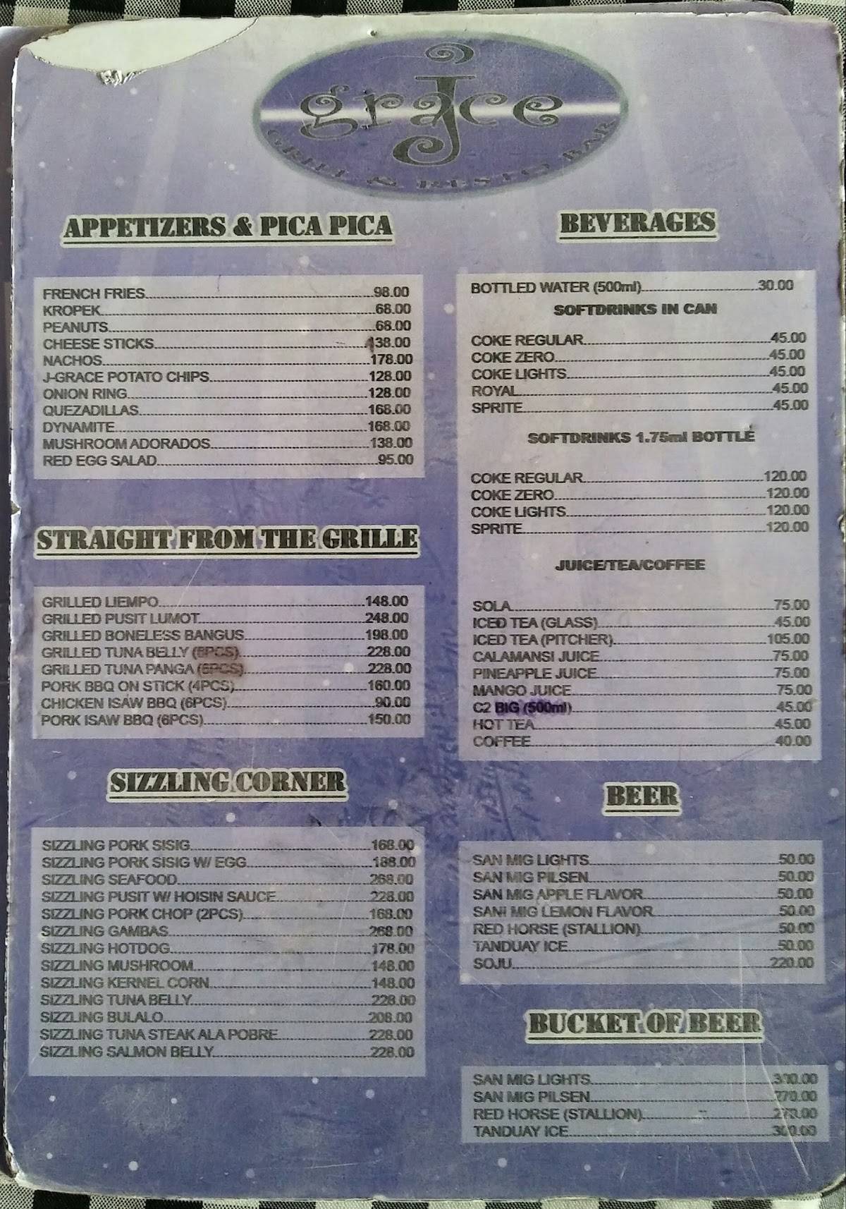 Carta del pub y bar J Grace, Ciudad Quezon