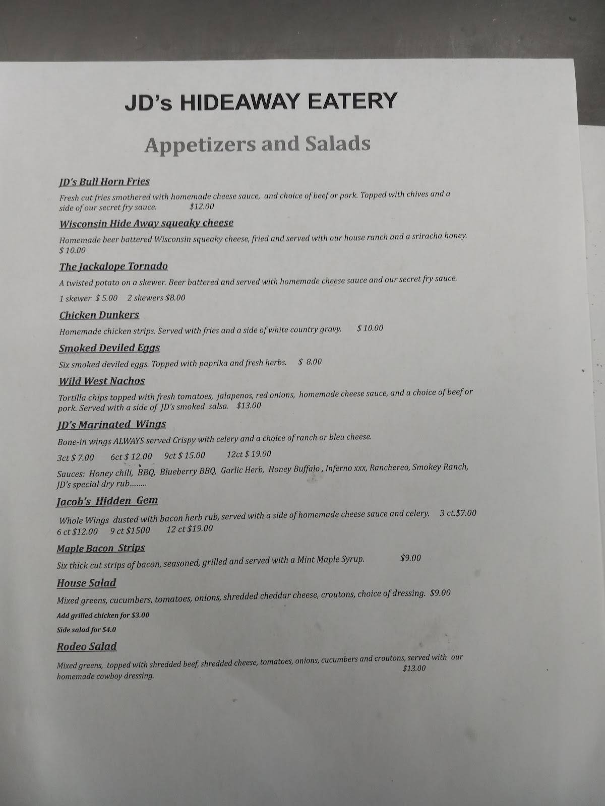Menu at JD's Hideaway Eatery restaurant, Dubois