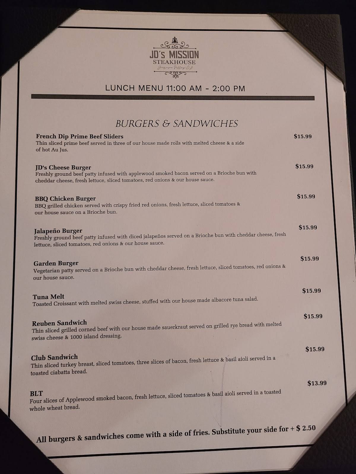 Menu at JD's Mission Steakhouse, Jurupa Valley