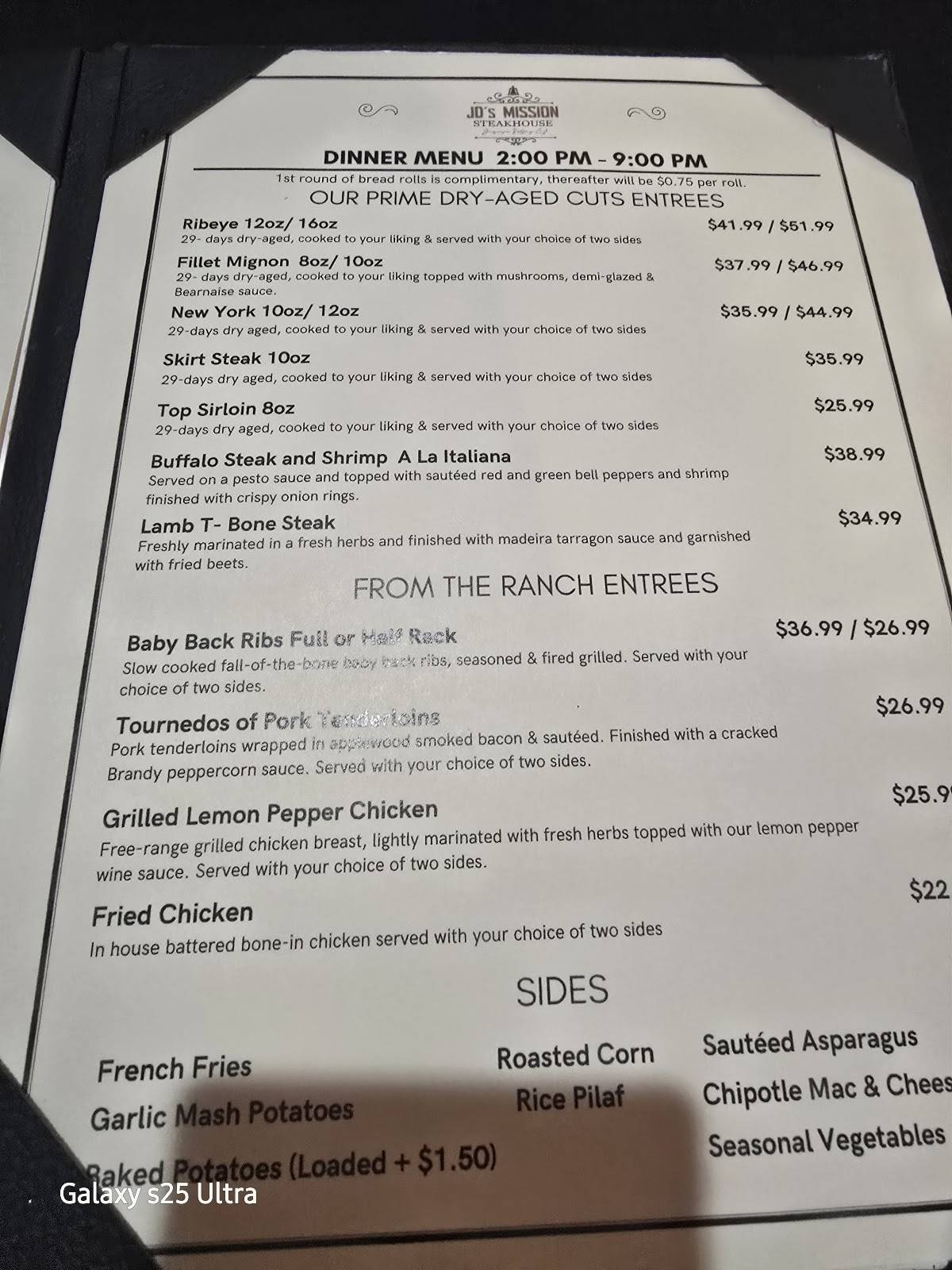 Menu at JD's Mission Steakhouse, Jurupa Valley