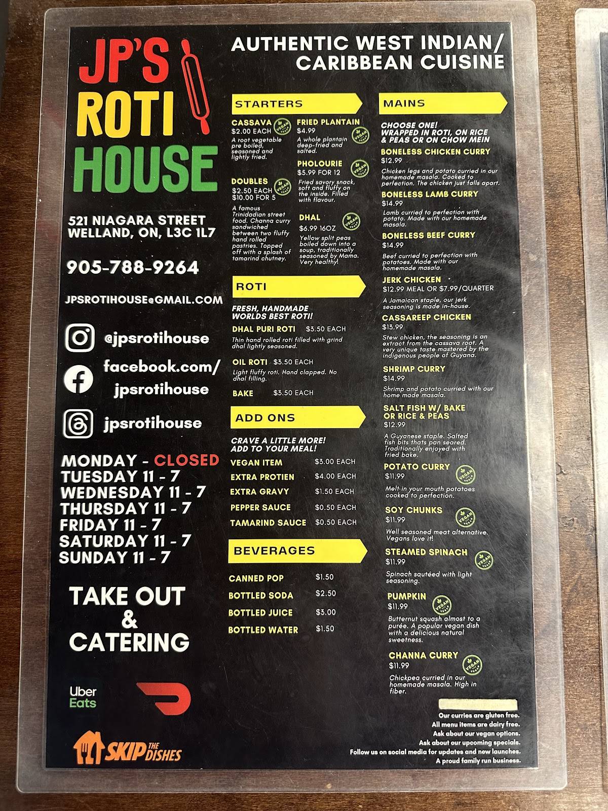 Menu at JP's Roti House restaurant, Welland