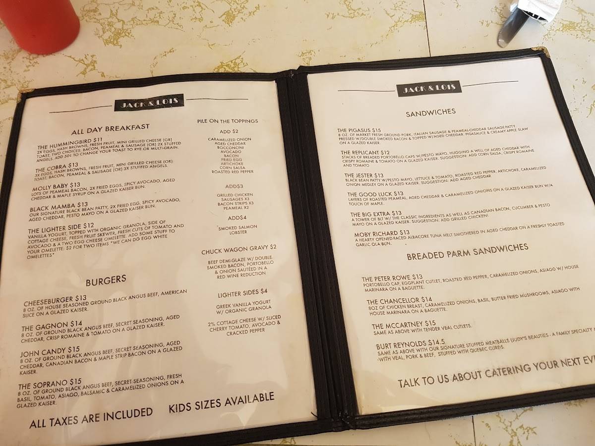 Menu at Jack & Lois restaurant, Hamilton