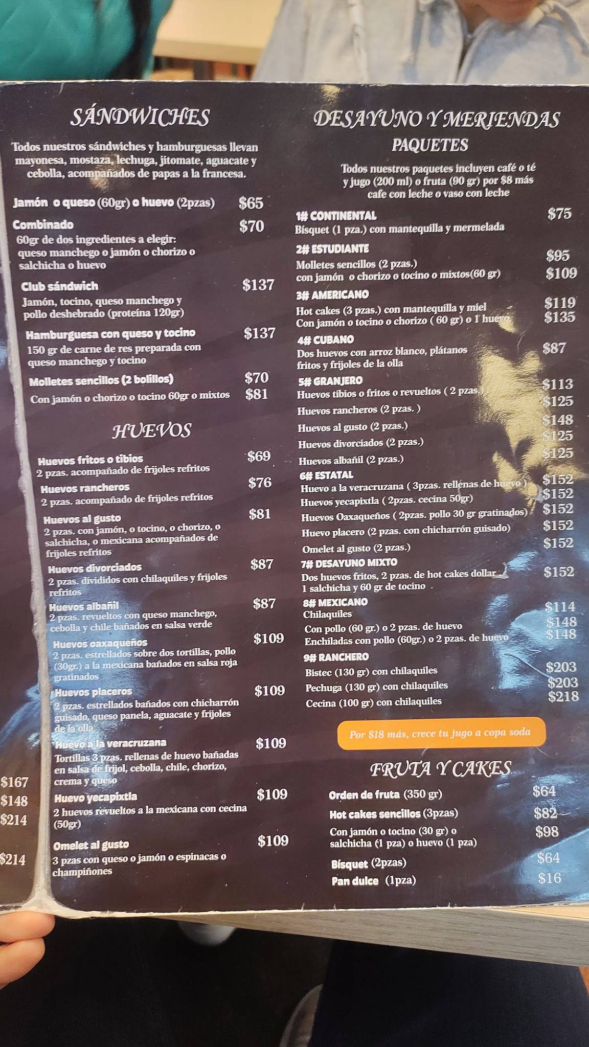 Carta de cafetería Jac's, Ciudad López Mateos