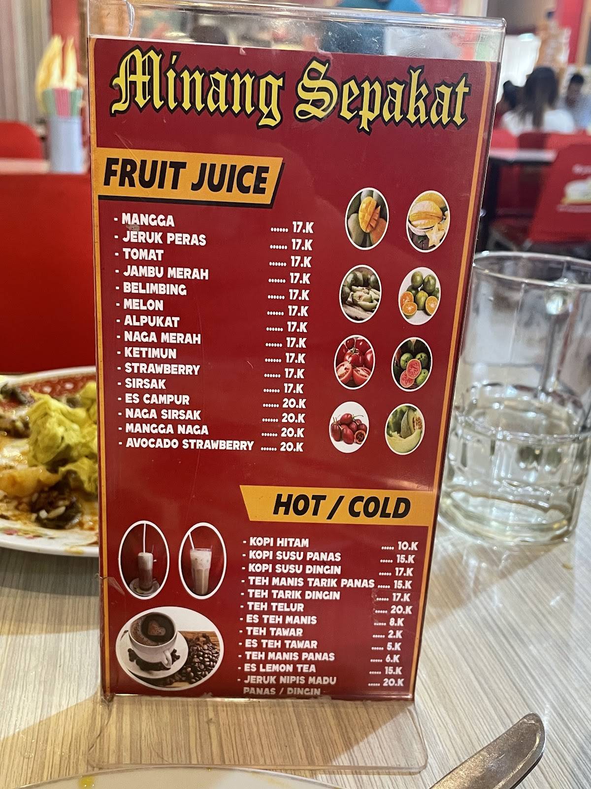 Menu at Rumah Makan Minang Sepakat restaurant, East Jakarta, 2