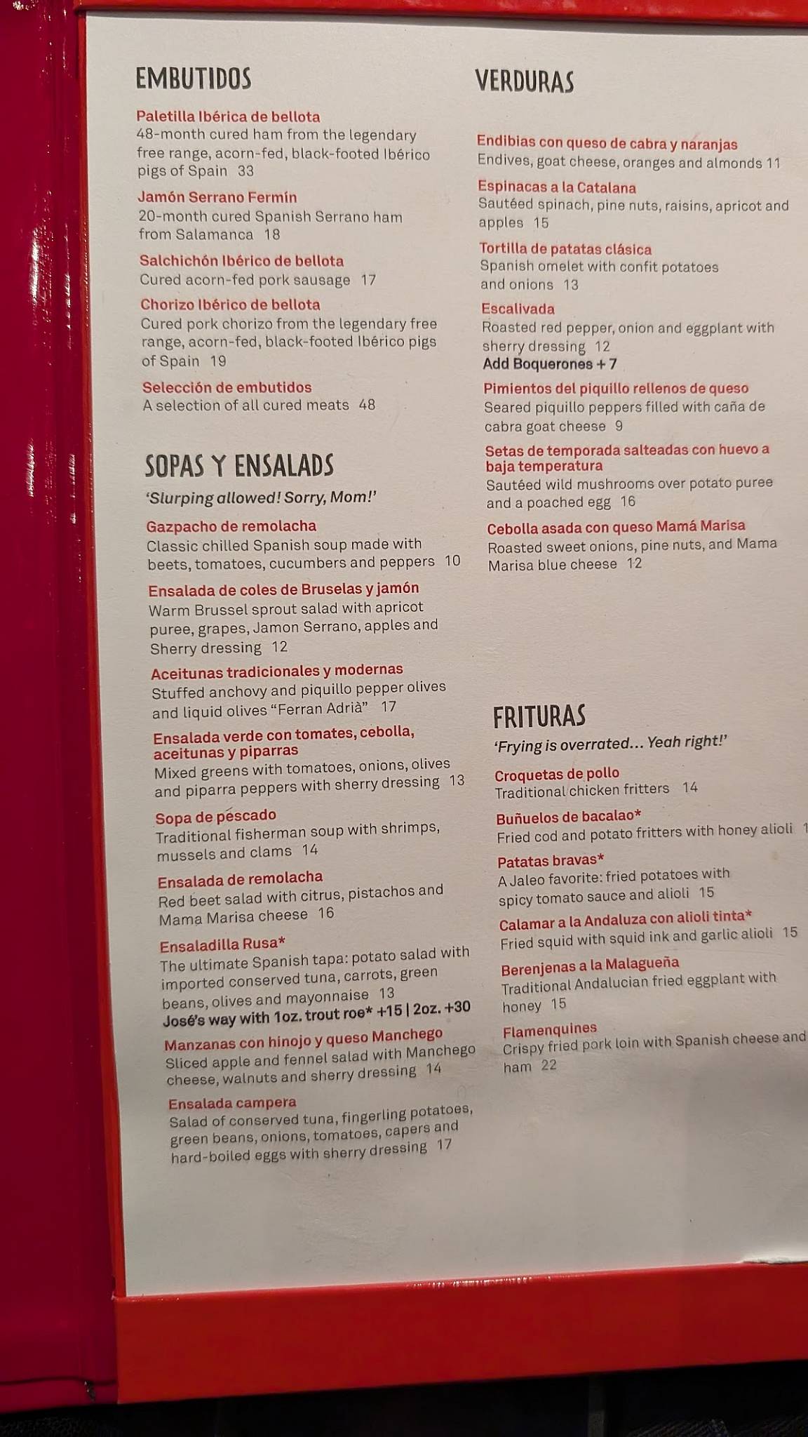 Menu at Jaleo pub & bar, Washington, 480 7th St NW