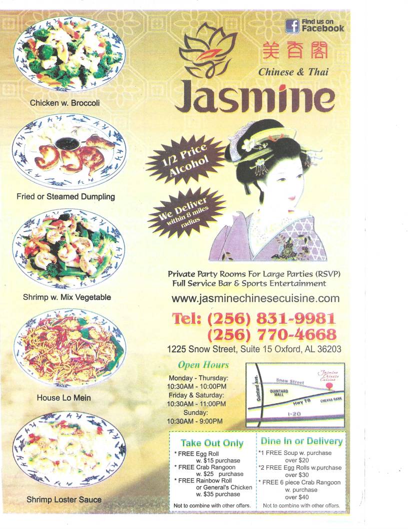 Menu at Jasmine Chinese & Thai Cuisine restaurant, Oxford