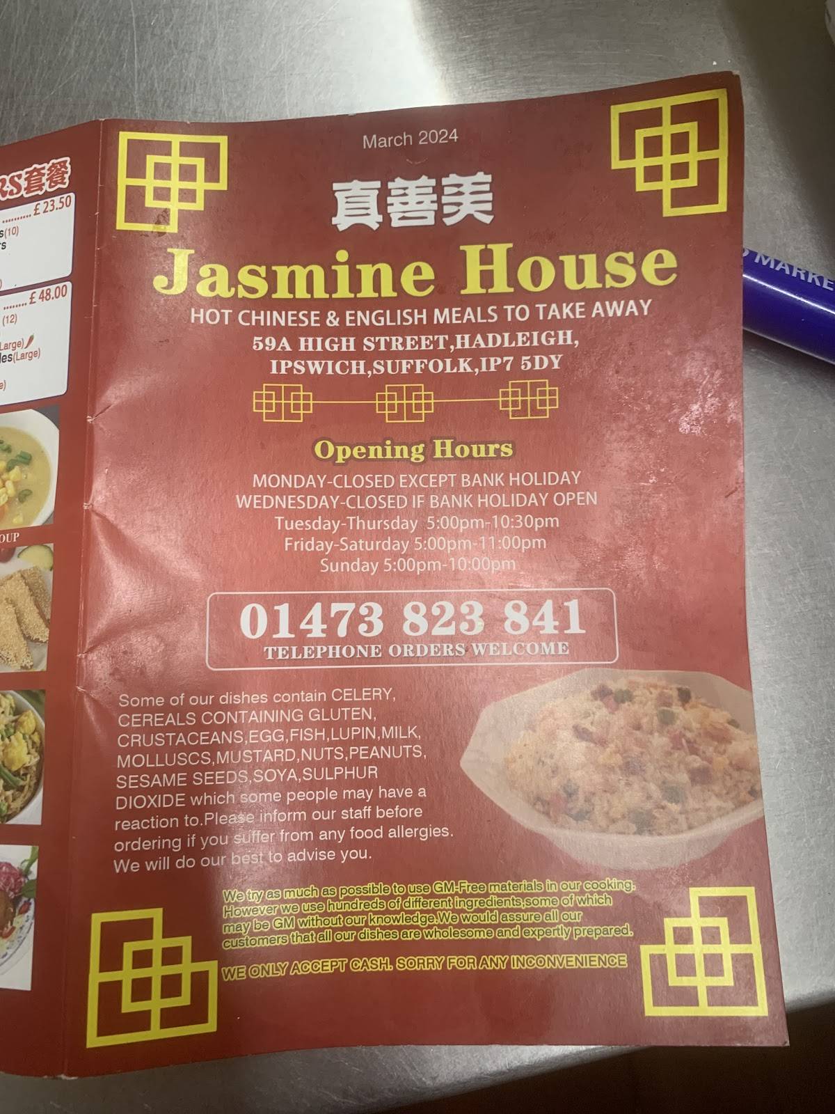 Menu at Jasmine House fast food, Hadleigh