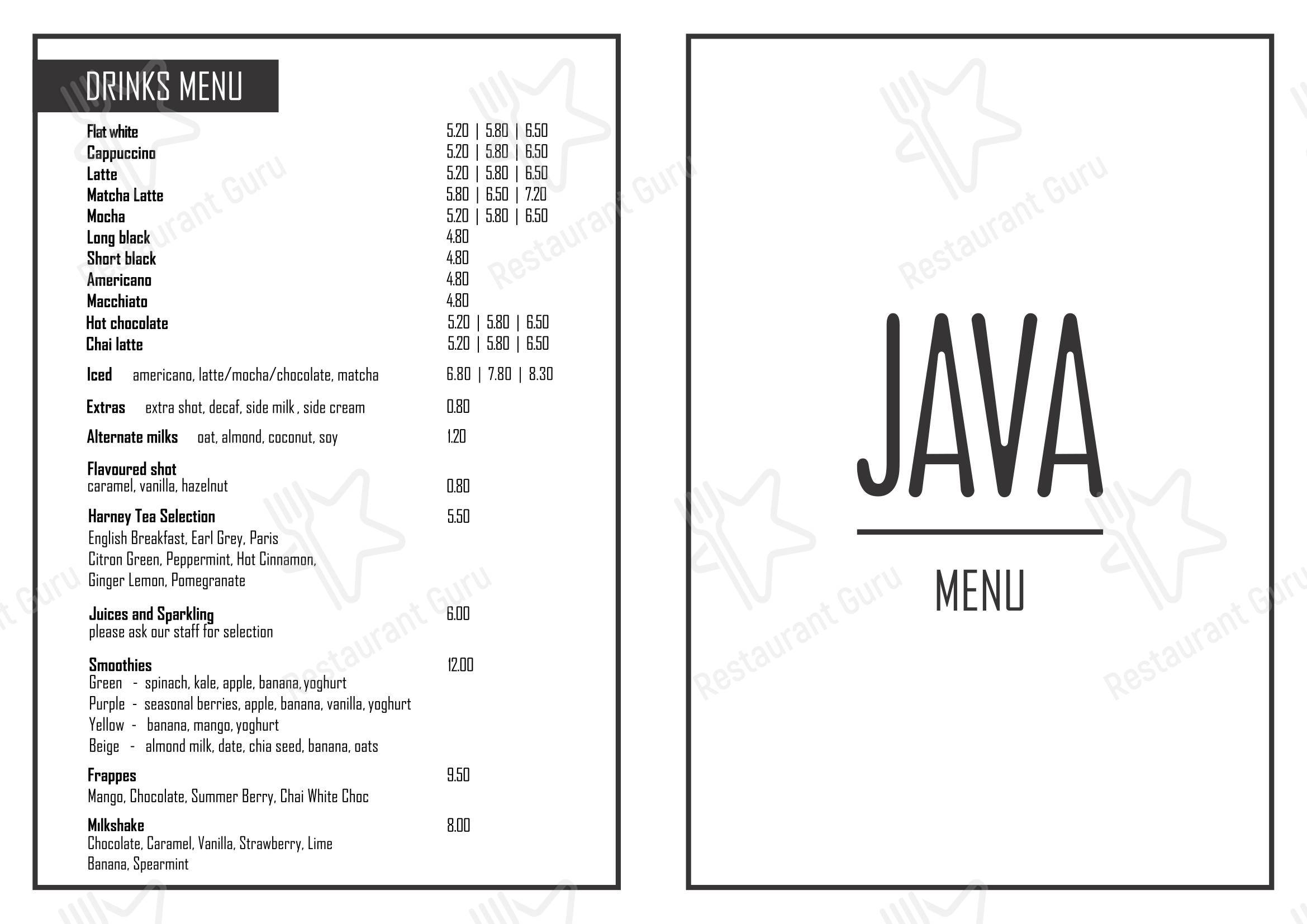 Carta de Java Cafe, Auckland