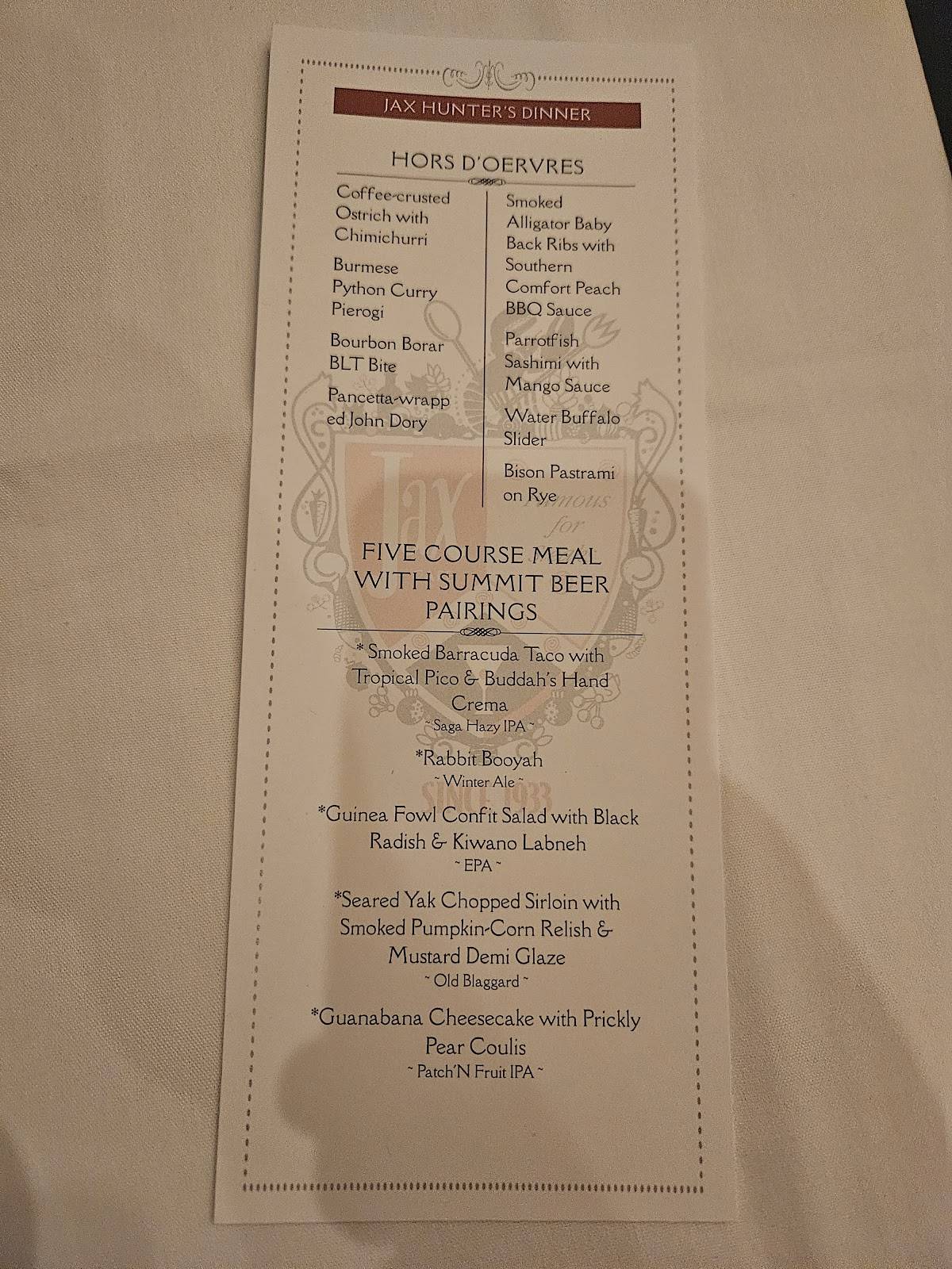 Menu at Jax Cafe, Minneapolis