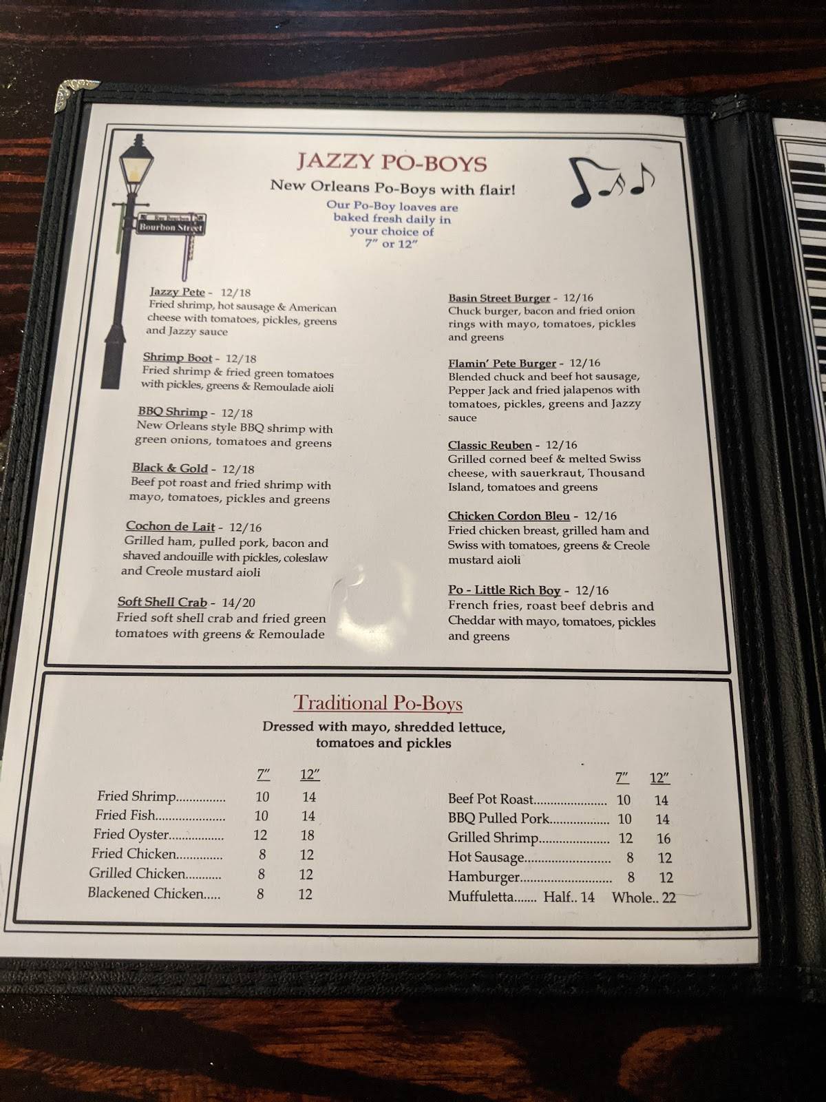 Menu at Jazzy Pete's Poboys restaurant, Slidell