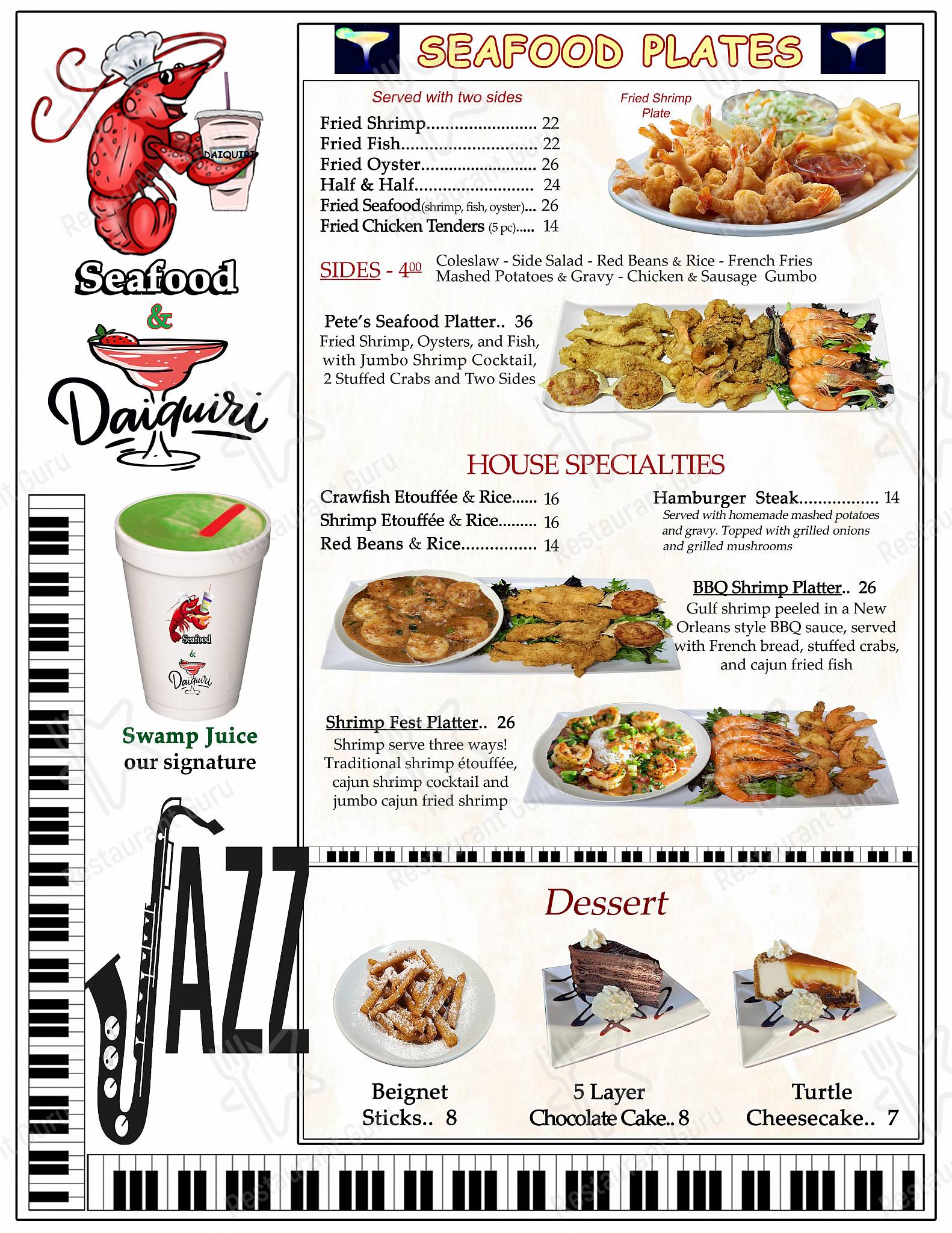 Menu at Jazzy Pete's Poboys restaurant, Slidell