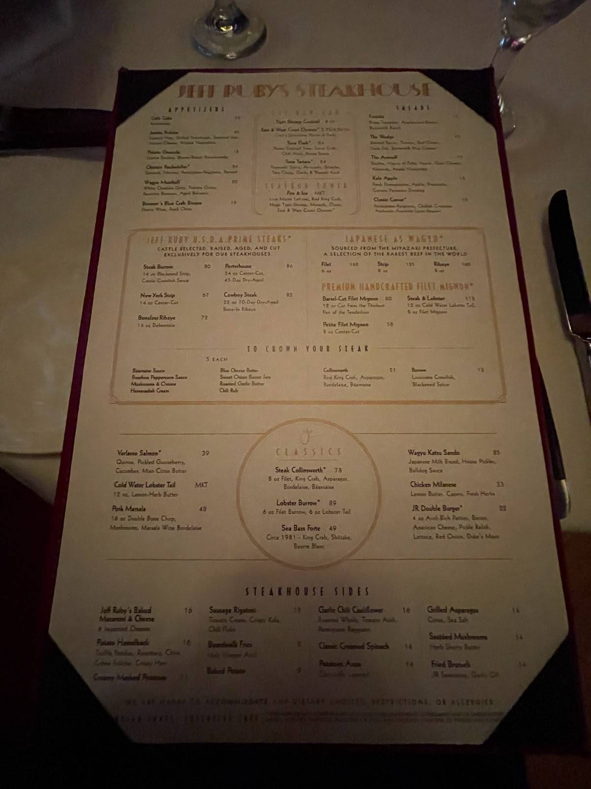 Menu at Jeff Ruby's Steakhouse, Cincinnati, 505 Vine St