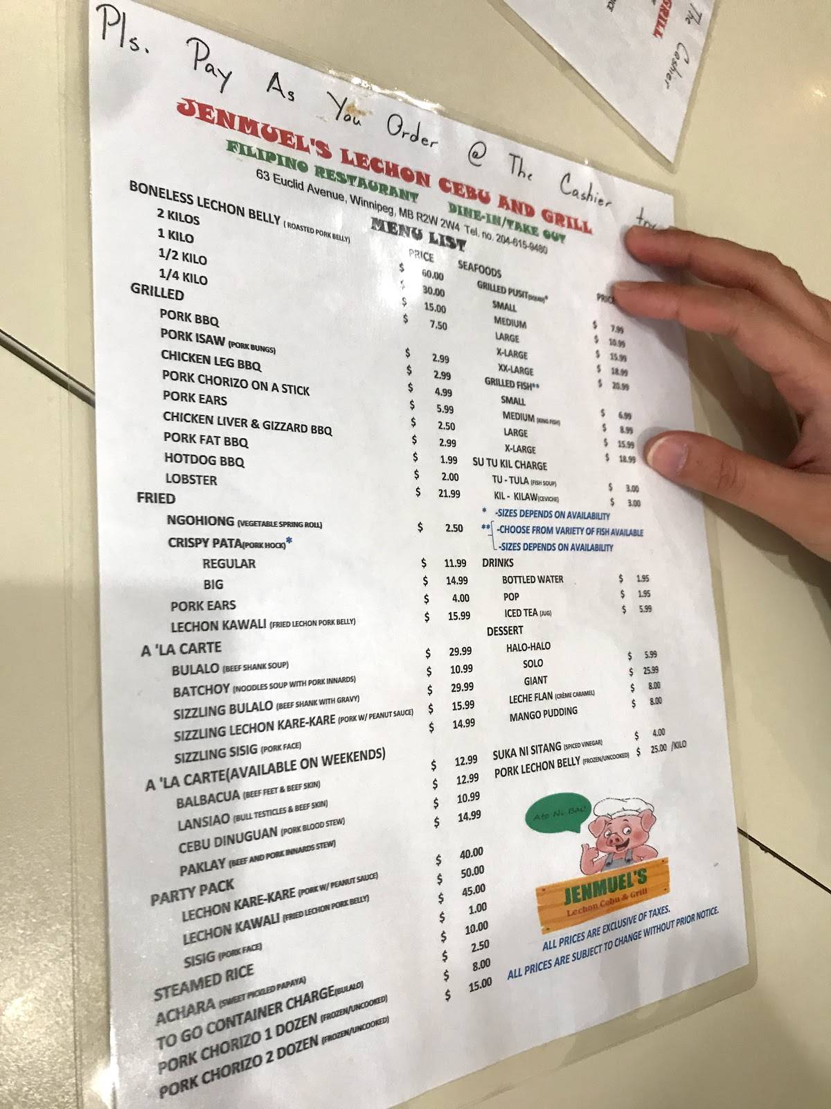 Menu at Jenmuel's Lechon Cebu and Grill restaurant, Winnipeg
