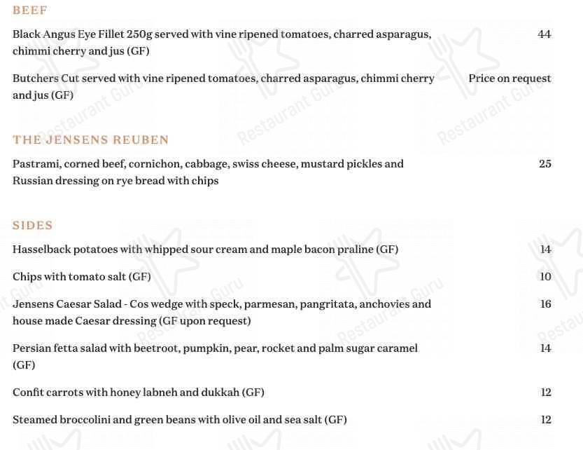 Menu at Jensens Restaurant, Kareela