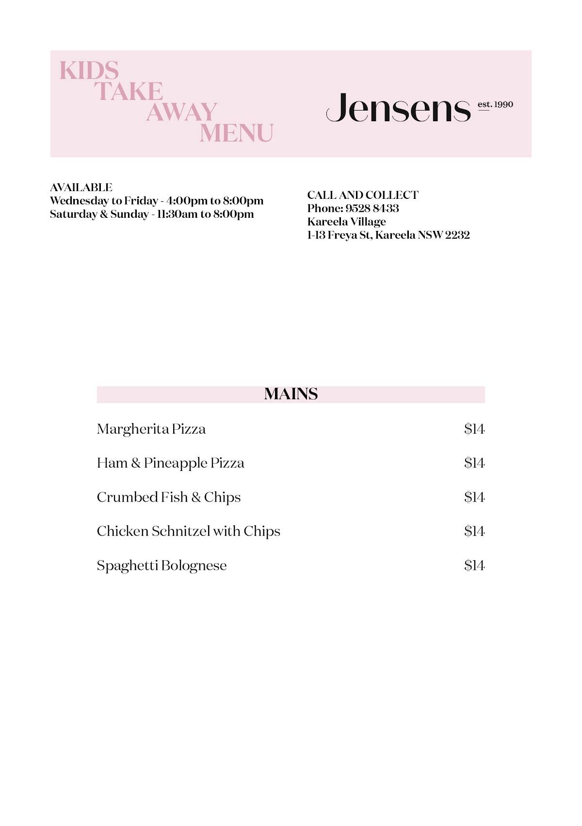 Menu at Jensens Restaurant, Kareela