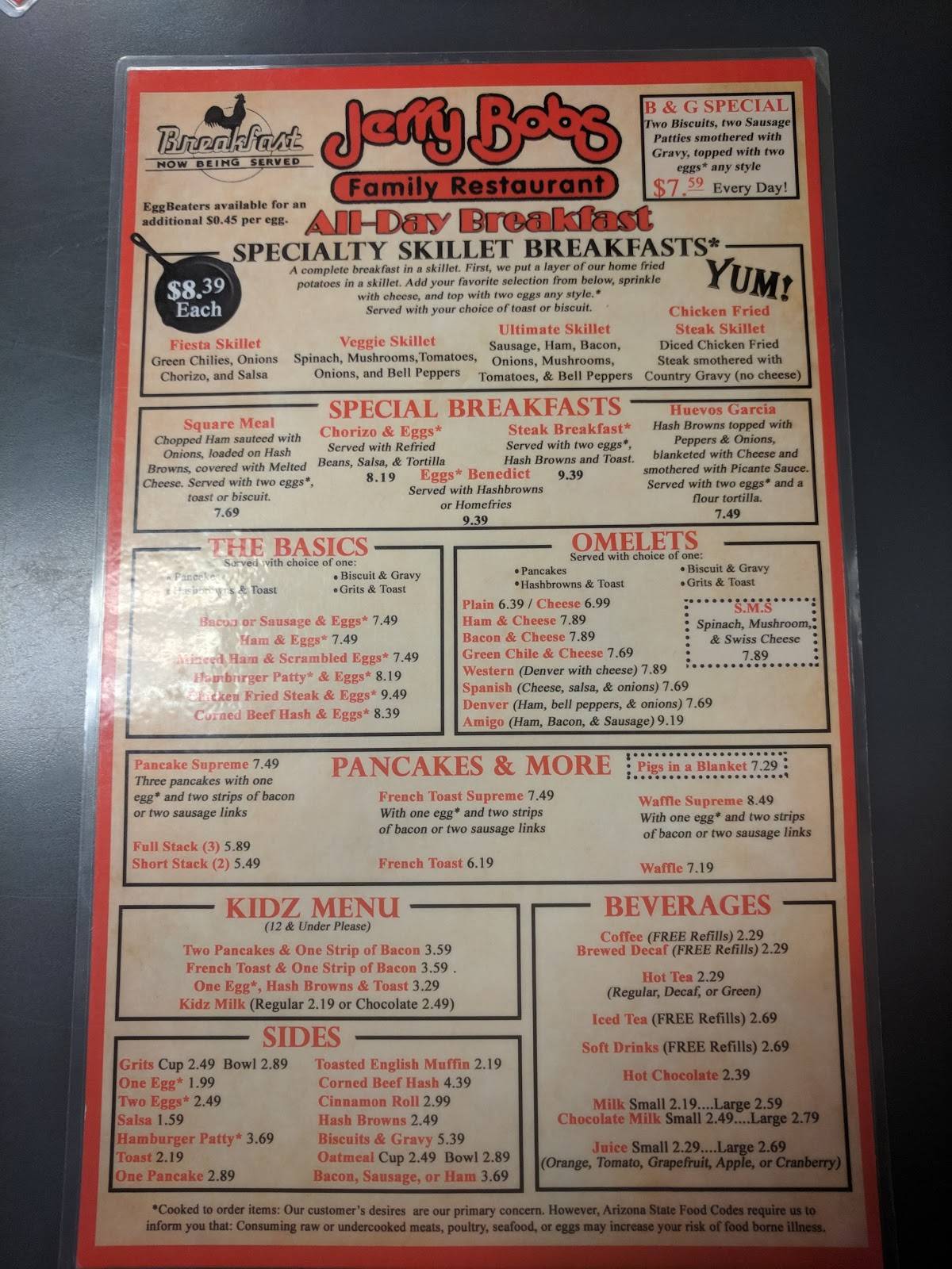 Menu at Jerry Bob's Family Restaurant, Oro Valley, N La Cañada Dr #140