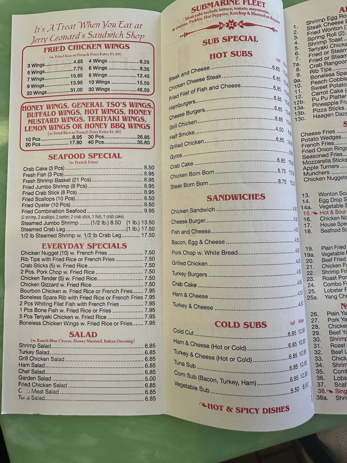 Menu at Jerry Leonard's restaurant, Capitol Heights
