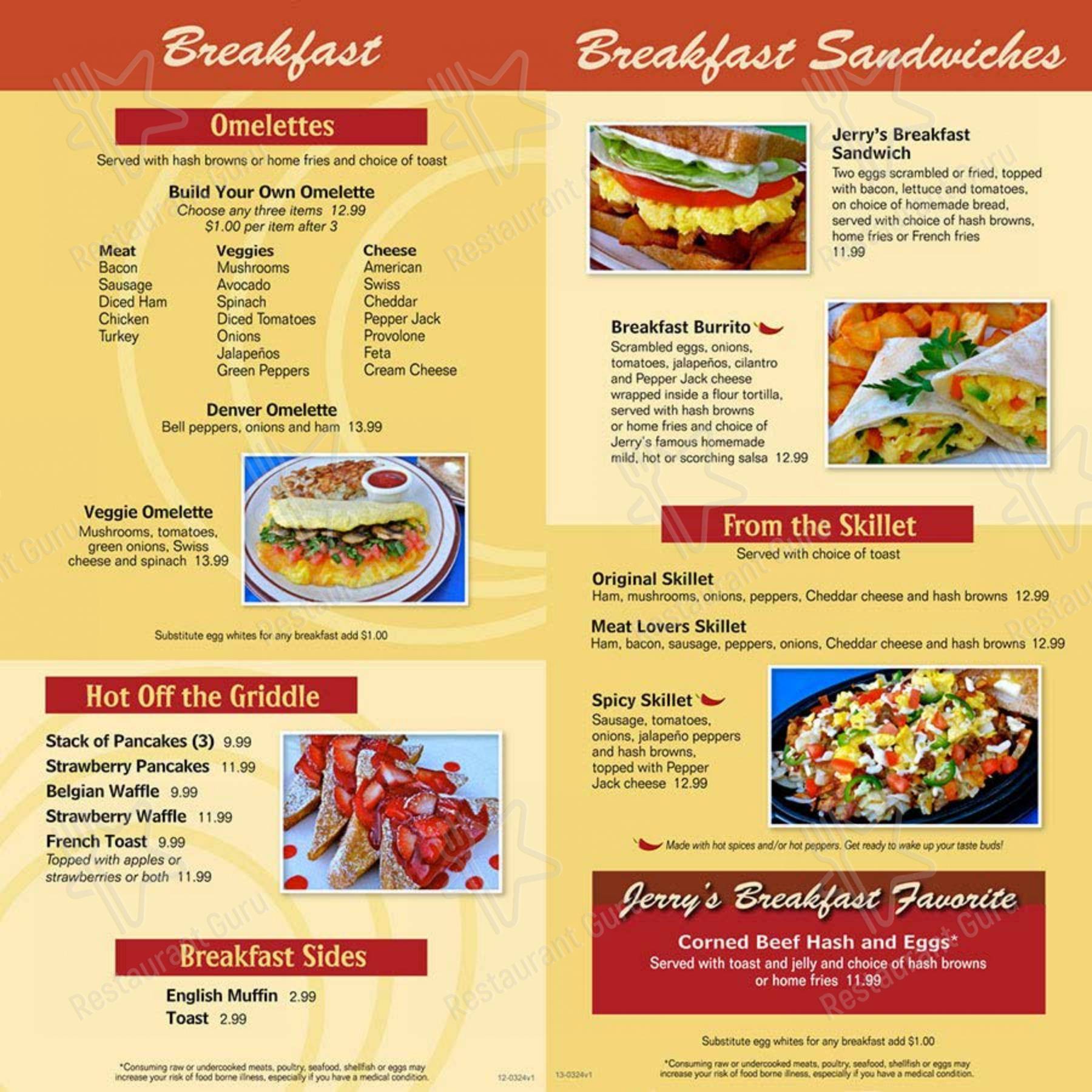Menu at Jerry's Famous Coffee Shop cafe, North Las Vegas
