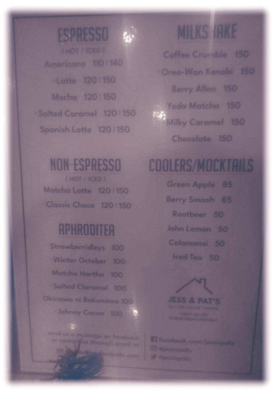 Menu at Jess & Pat's cafe, Quezon City