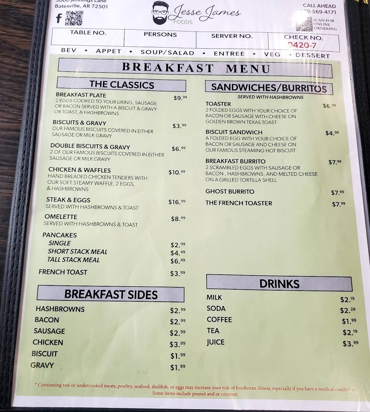 Menu at Jesse James Foods restaurant, Batesville