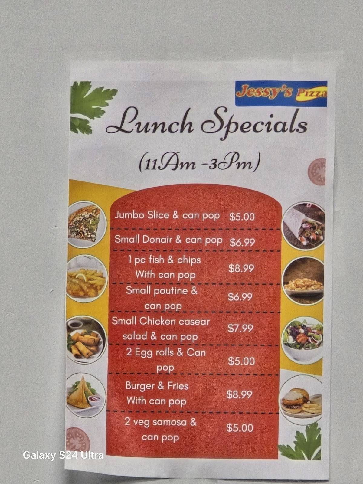 Menu at Jessy’s Pizza restaurant, Truro