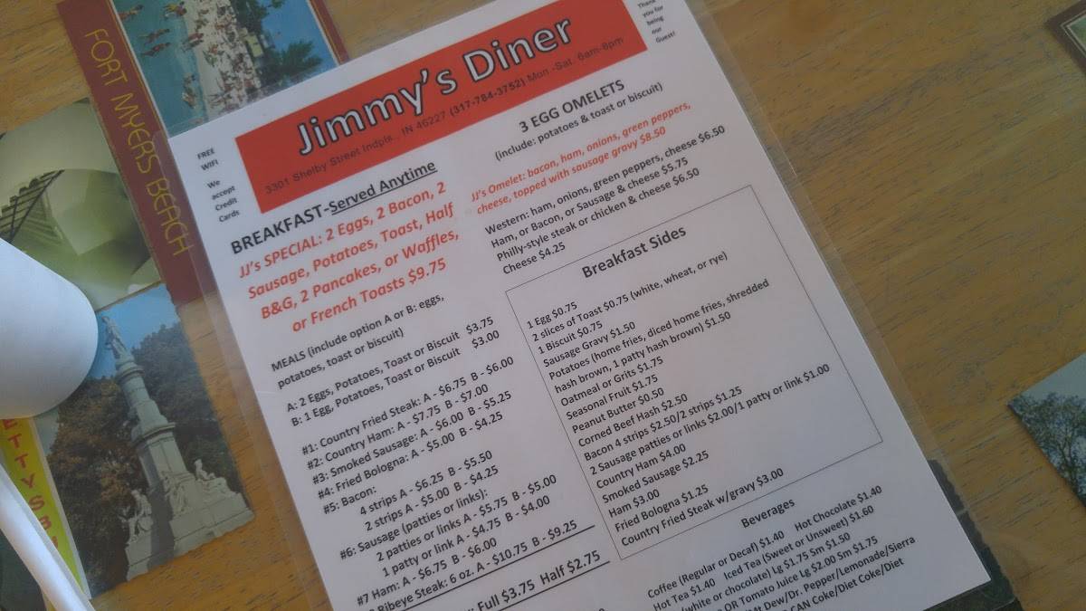 Menu at Jimmy's Diner restaurant, Indianapolis