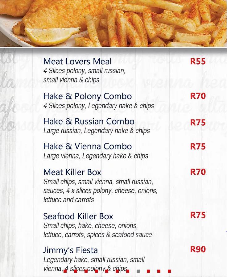 Menu at Jimmy's KILLER Fish & Chips restaurant, Pretoria, 301 Pretoria Rd