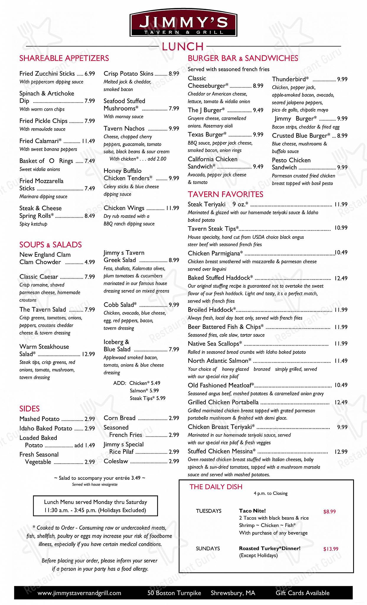 Menu at Jimmy's Tavern & Grill steakhouse, Shrewsbury