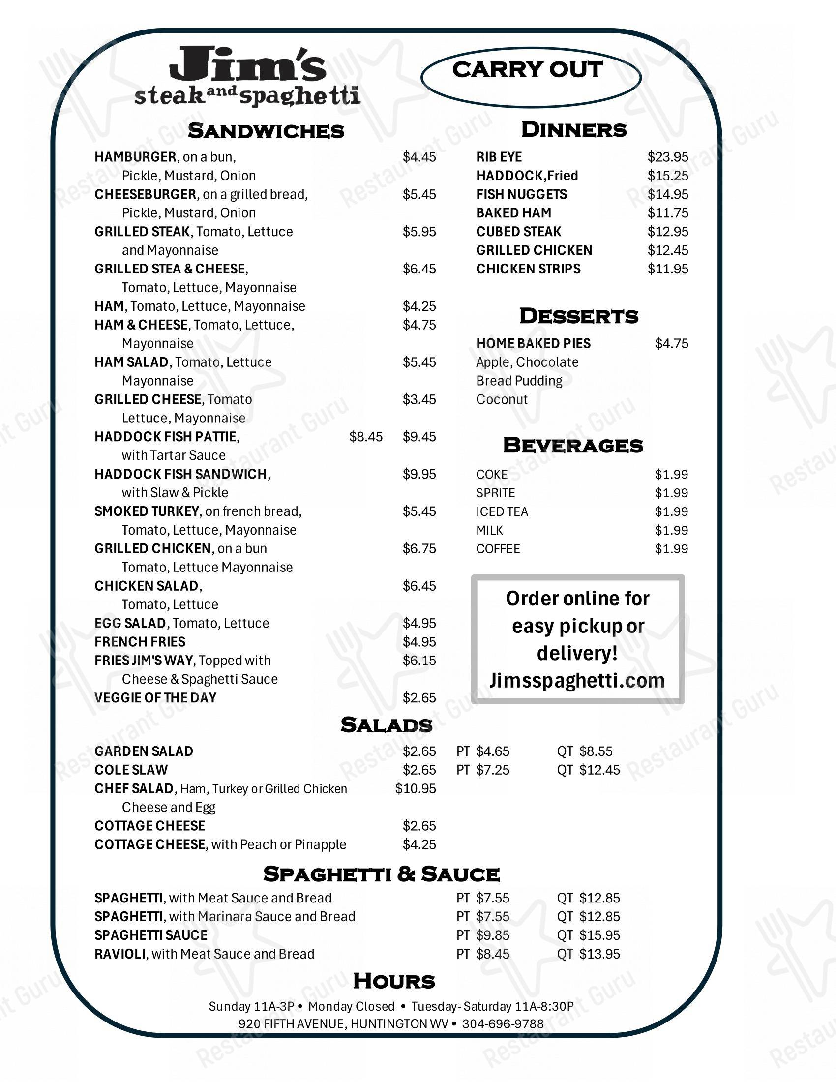 Menu at Jim's Steak & Spaghetti House restaurant, Huntington