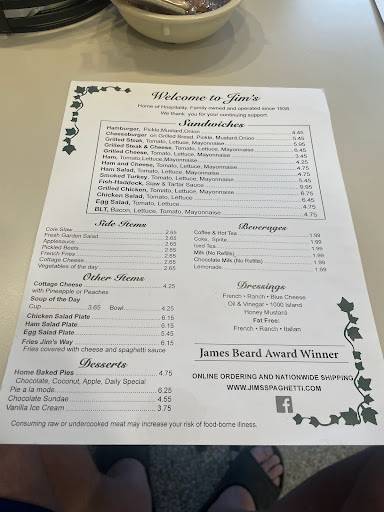 Menu at Jim's Steak & Spaghetti House restaurant, Huntington