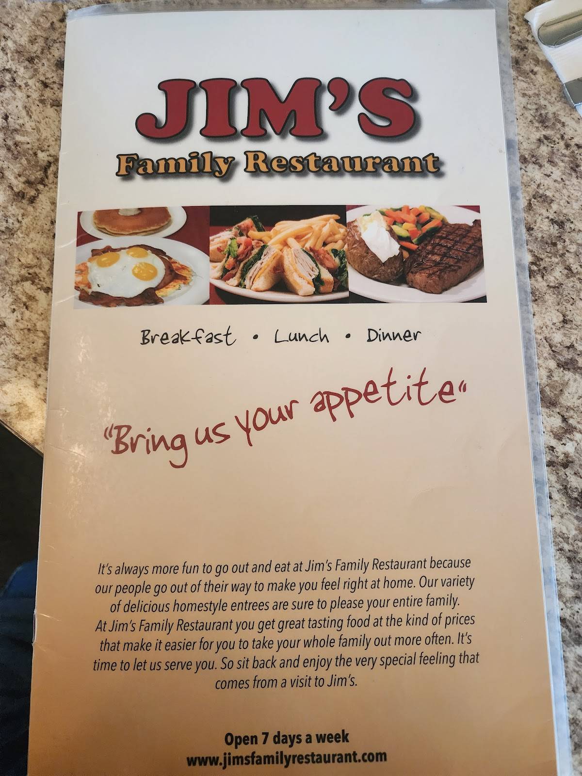Menu at Jim's restaurant, West Valley City, W 3500 S