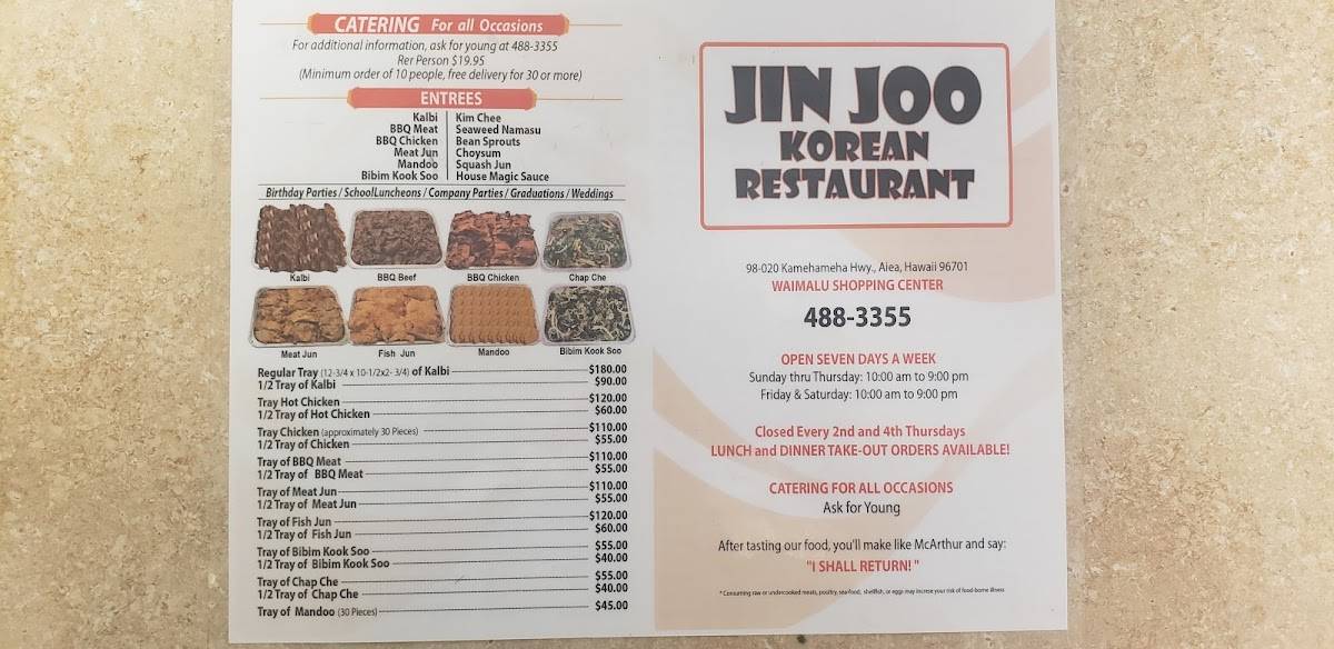 Menu at Jin Joo Korean Restaurant, Aiea