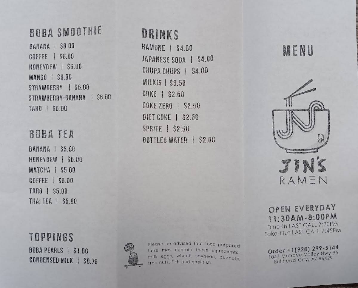 Menu at Jin’s Ramen restaurant, Bullhead City