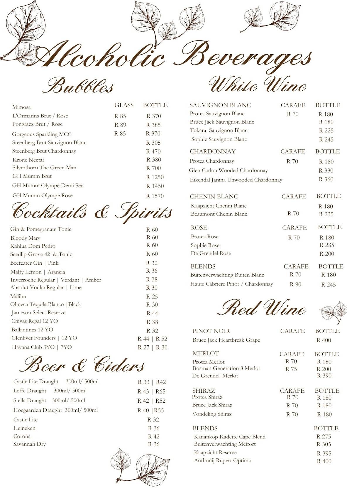 Menu at Nice on Poplar restaurant, Johannesburg