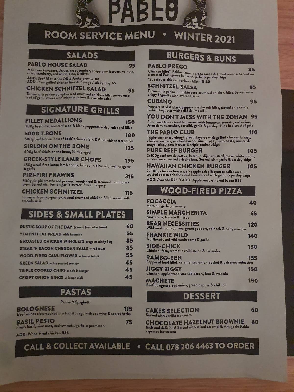 Menu at PABLO Sandton Restaurant, Sandton